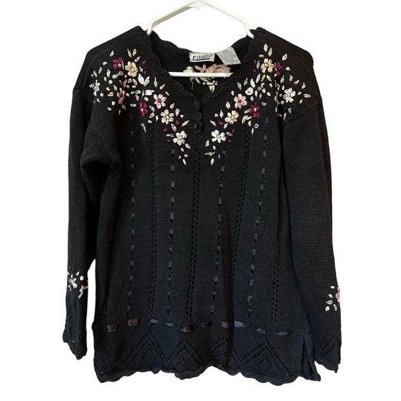 Vintage | Sweaters | Vintage Black Embroidered Floral Sweater L Ramie ...